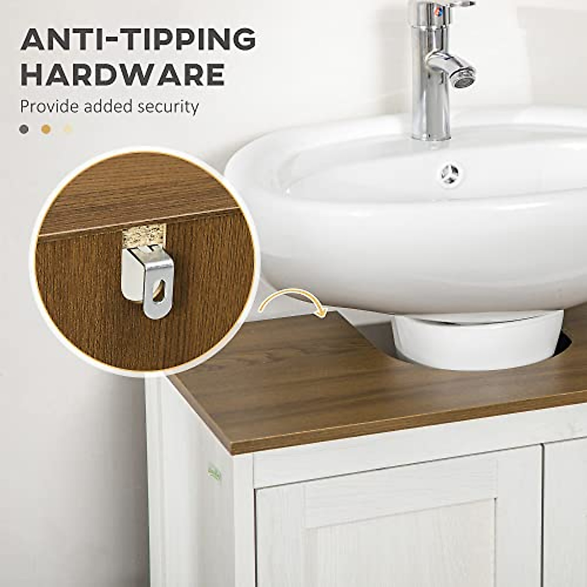 kleankin Modern Bathroom Sink Cabinet, Floor Standing Under Sink Cabinet, Freestanding Storage Cupboard with Adjustable Shelf, Double Doors, Antique White