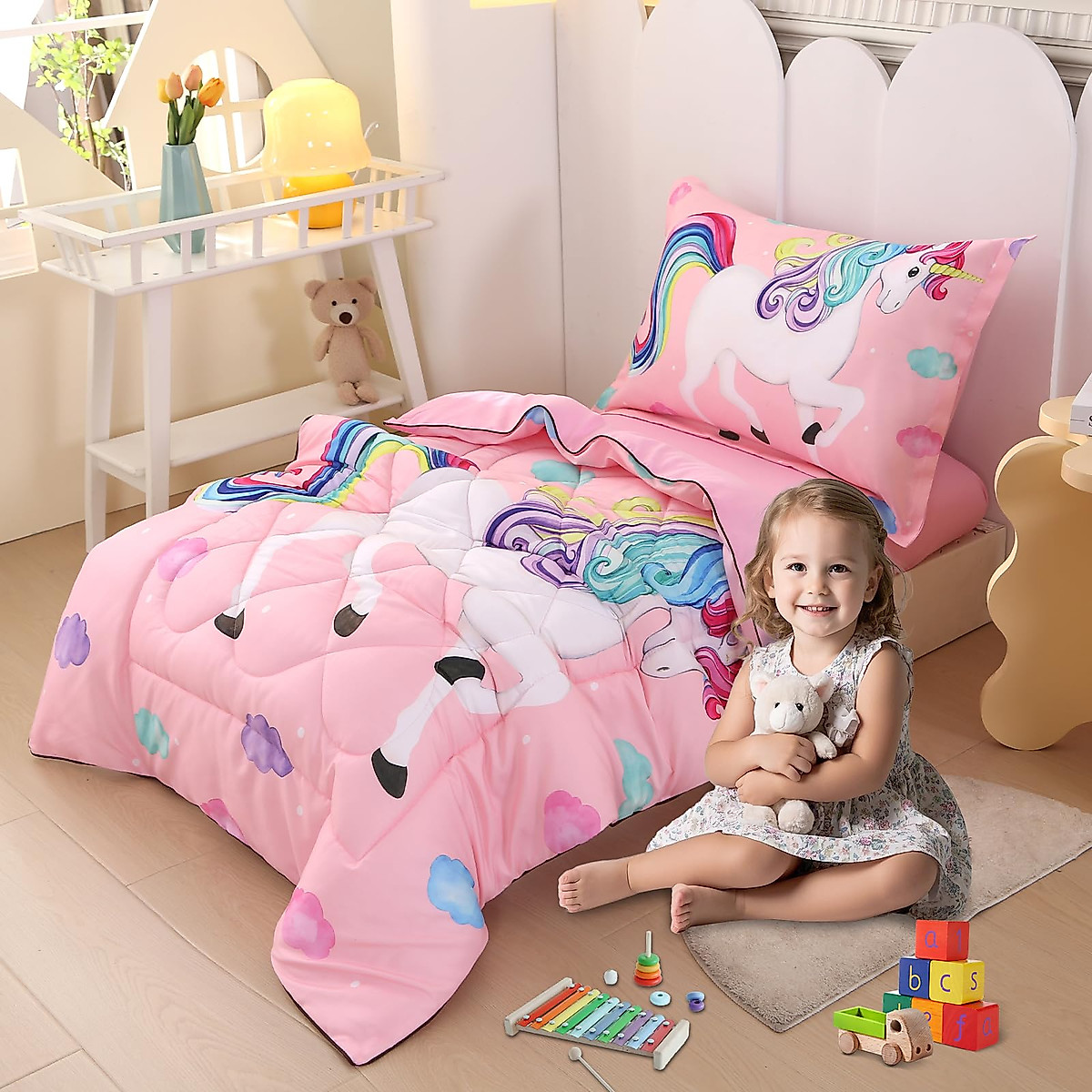 Wowelife Unicorn Toddler Bedding Set for Girls, Rainbow 4 Piece Toddler Bed Sheets Sets Pink Toddler Comforter Set Kids Bag in A Bag with Comforter, Flat Sheet, Fitted Sheet and Pillowcase, Pink