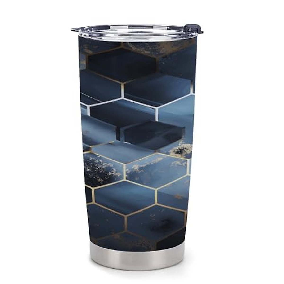 FHENMSA Reusable Plastic Water Cups with Lids,Blue Hexagons And Diamonds Print Anti-overflow Cup,sports Travel Coffee Cup