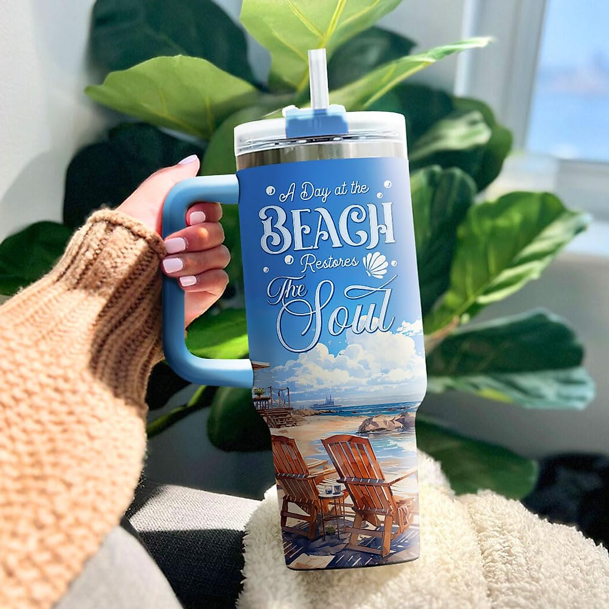 99WHALE Beach Gifts, Blue White Straws Light Summer Women Handle For Royal Myrtle Insulated Brown Navy Tumblers, Beach Restore Soul, Tumbler 40 Oz With Handle Lid And Straw