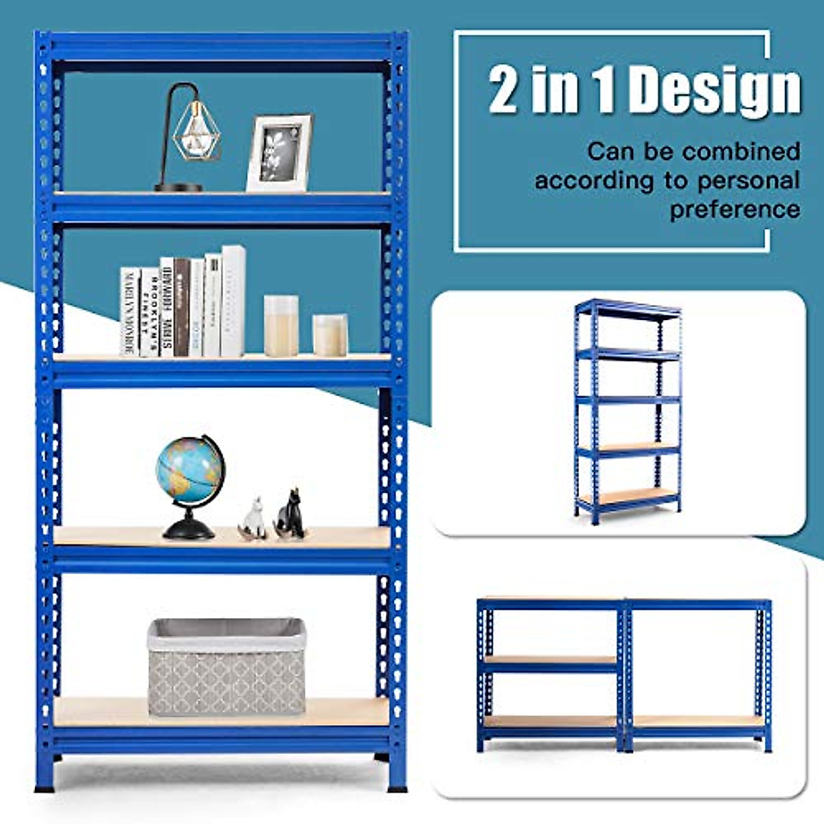 Tangkula 5-Tier Storage Shelves, Heavy Duty Steel Frame Muscle Rack 60in Garage Shelf with Adjustable Shelves, Boltless Shelving Unit for Free Combination, Metal Utility Shelves (1, Navy Blue)