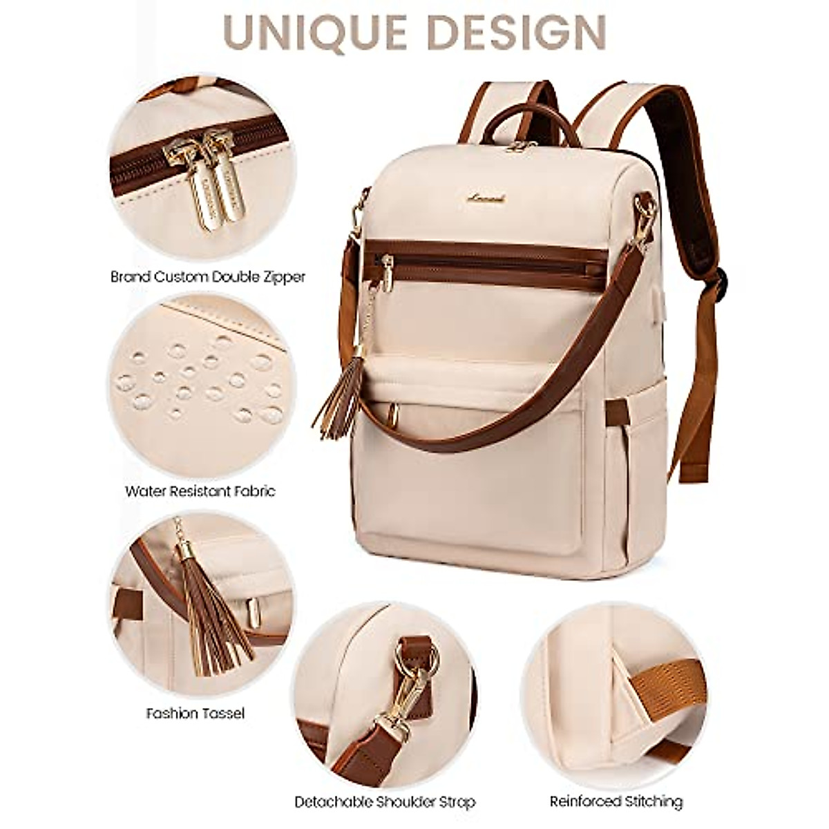 LOVEVOOK Laptop Backpack Women,15.6 Inch Convertible Backpack Purse for Women with USB Port,Fashion Teacher Nurse Bag Work Backpack with Cute Wristlet Bag for Travel College Commute,Beige Brown