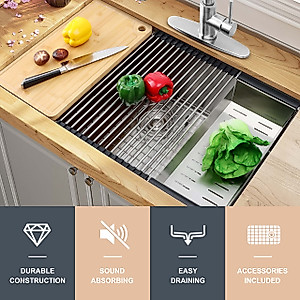 Herogo Kitchen Sink, 33x19 Inch Large Farmhouse Undermount Kitchen Sink, Stainless Steel R10 Corner Workstation Single Bowl 10 Inch Deep Kitchen Sinks with Accessories