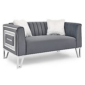 Melpomene Velvet Living Room Loveseat Sofa with Mirrored Side Trim,Faux Diamonds and 2 Villose Pillows,Grey