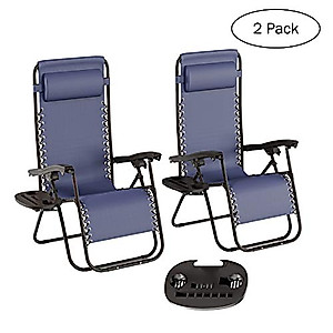 Lavish Home Navy Blue Outdoor Set of 2 Zero Lounge Chairs Folding Anti-Gravity Recliners with Side Table, Cup Holder & Pillow