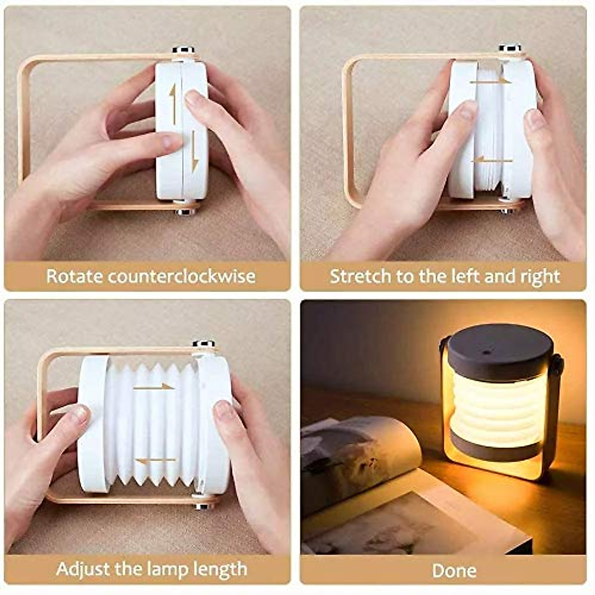 4-in-1 Foldable Table Lamp,USB Retractable LED Light,Wooden Handle Portable Lantern Light and Flashlight,Touch Control Dimmable 3 Level Brightness Night Light for Reading, Outdoor Camping (Grey)