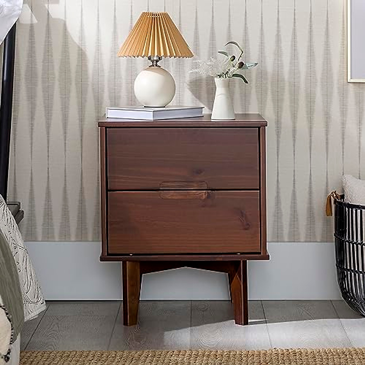 Walker Edison Mid Century Modern Grooved Handle Wood Nightstand Side Table Bedroom Storage Drawer and Shelf Bedside End Table, 2 Drawer, Walnut
