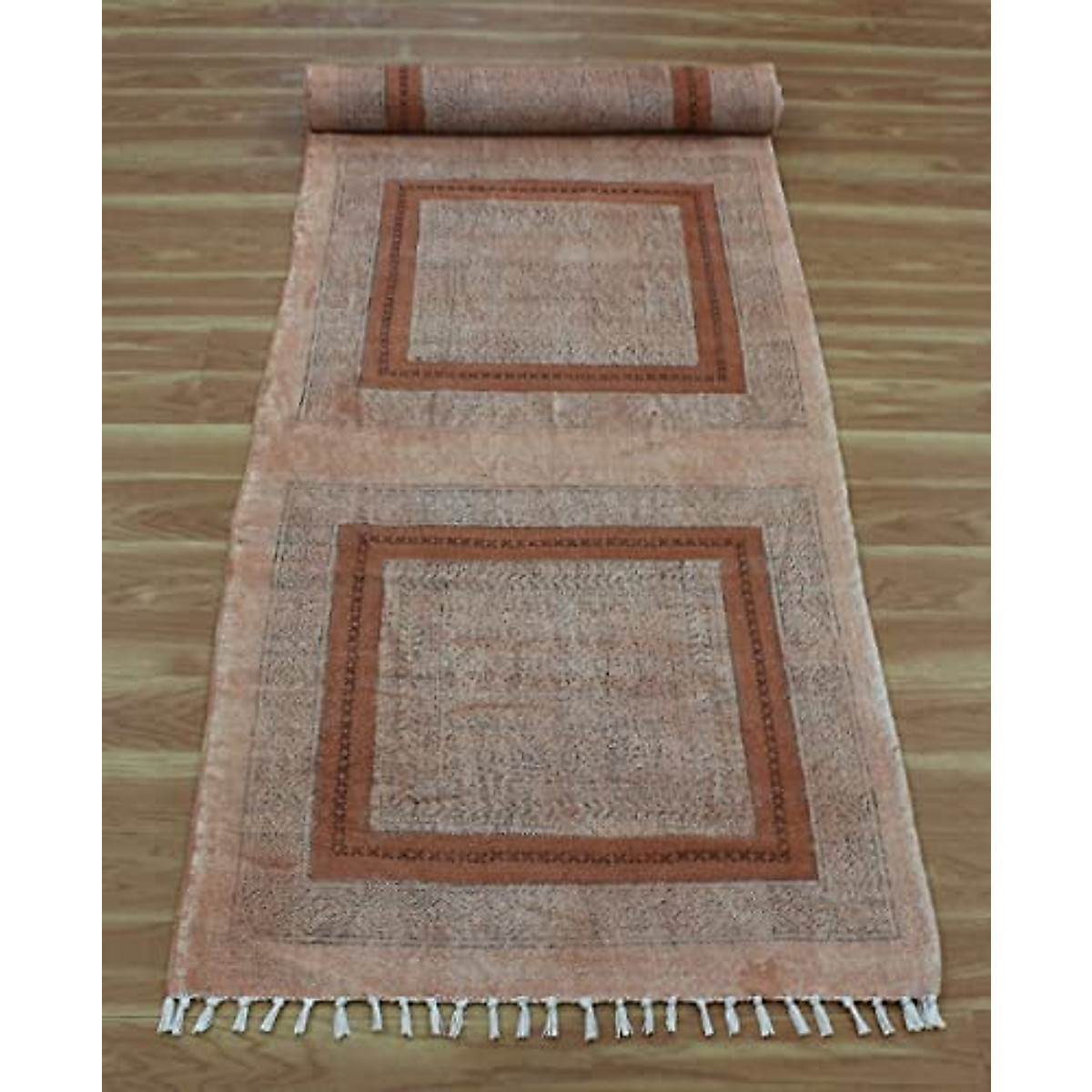 Casavani Hand Block Printed Cotton Dhurrie Bordered Brown & Beige Area Rug Doormat Floor Rug Indoor Area Rugs for Bedroom Living Room Laundry Room 10x18 Feet