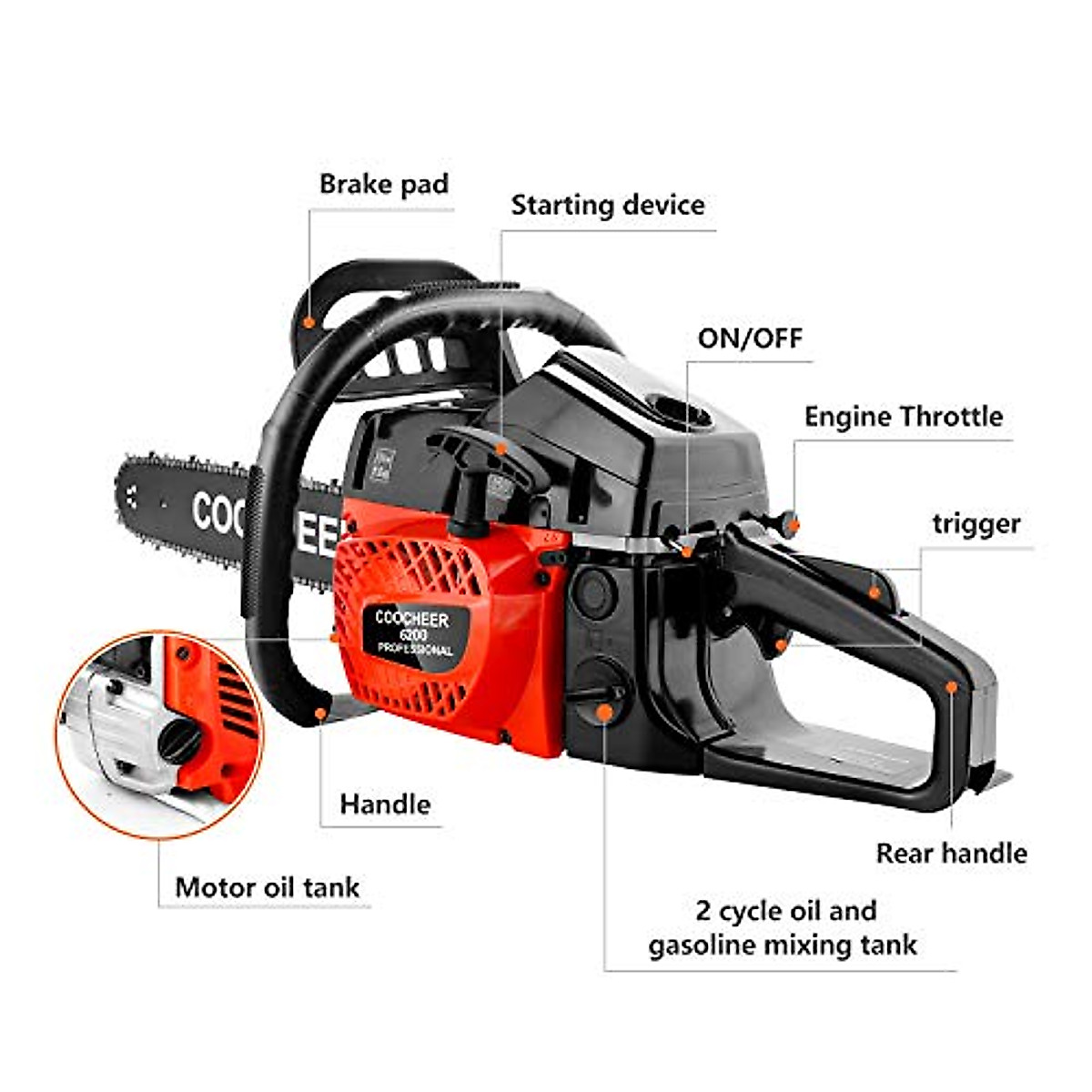 COOCHEER 62CC Gas Chainsaw, 20" 2-Stroke Portable Gasoline Chainsaw with Carrying Bag & 2 Chains Tool Kit, Petrol Wood Cutting Saw for Tree Stumps and Firewood Cutting(Upgraded Version)