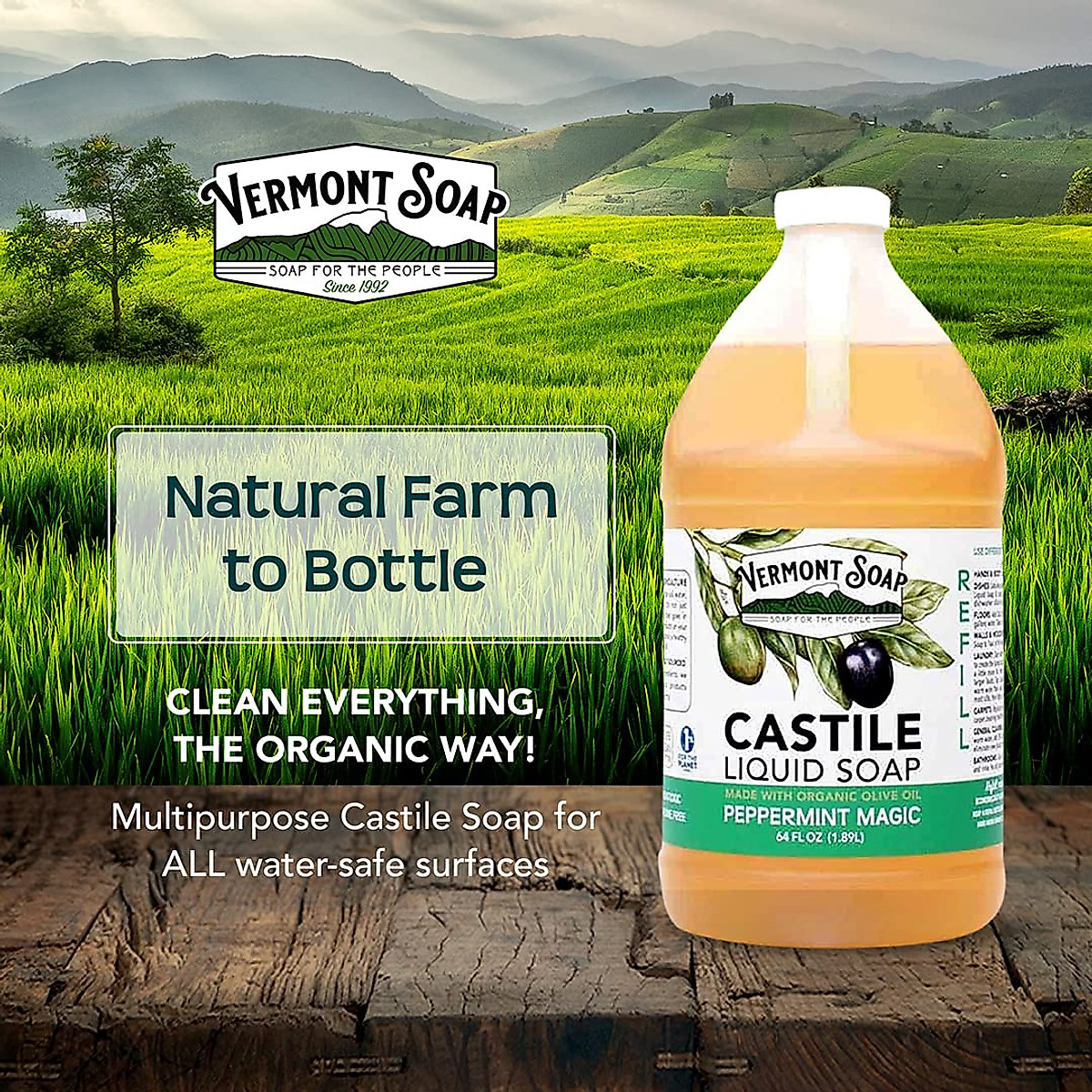 Vermont Castile Soap Peppermint, Gentle Liquid Soap for Sensitive Skin & Natural Body Wash, Organic Hair Shampoo for Oily Hair, Aloe Castile Soap for Men & Women - 64 Oz