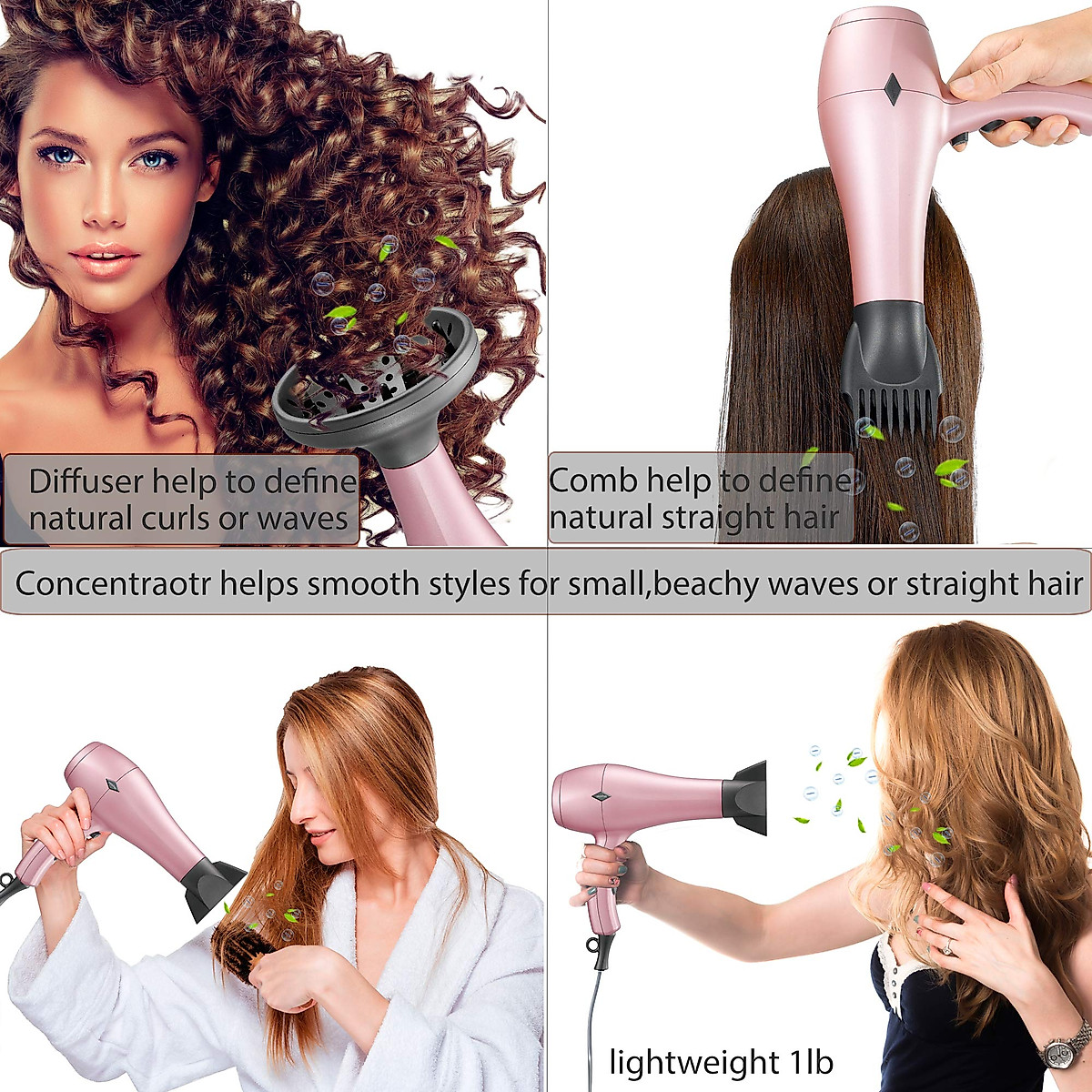 NITION Negative Ions Ceramic Hair Dryer with Diffuser (Large Size 5.3 inch) Attachment,Ionic Blow Dryer Quick Drying,1875 Watt 2 Speed / 3 Heat Settings,Cool Shot Button,Lightweight,Rose Pink