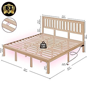 Natural Solid Rubber Wood King Bed Frame with Outlets, Platform Bed with Wooden Headboard and Slats, No Box Spring Needed, Easy Assembly, King Size