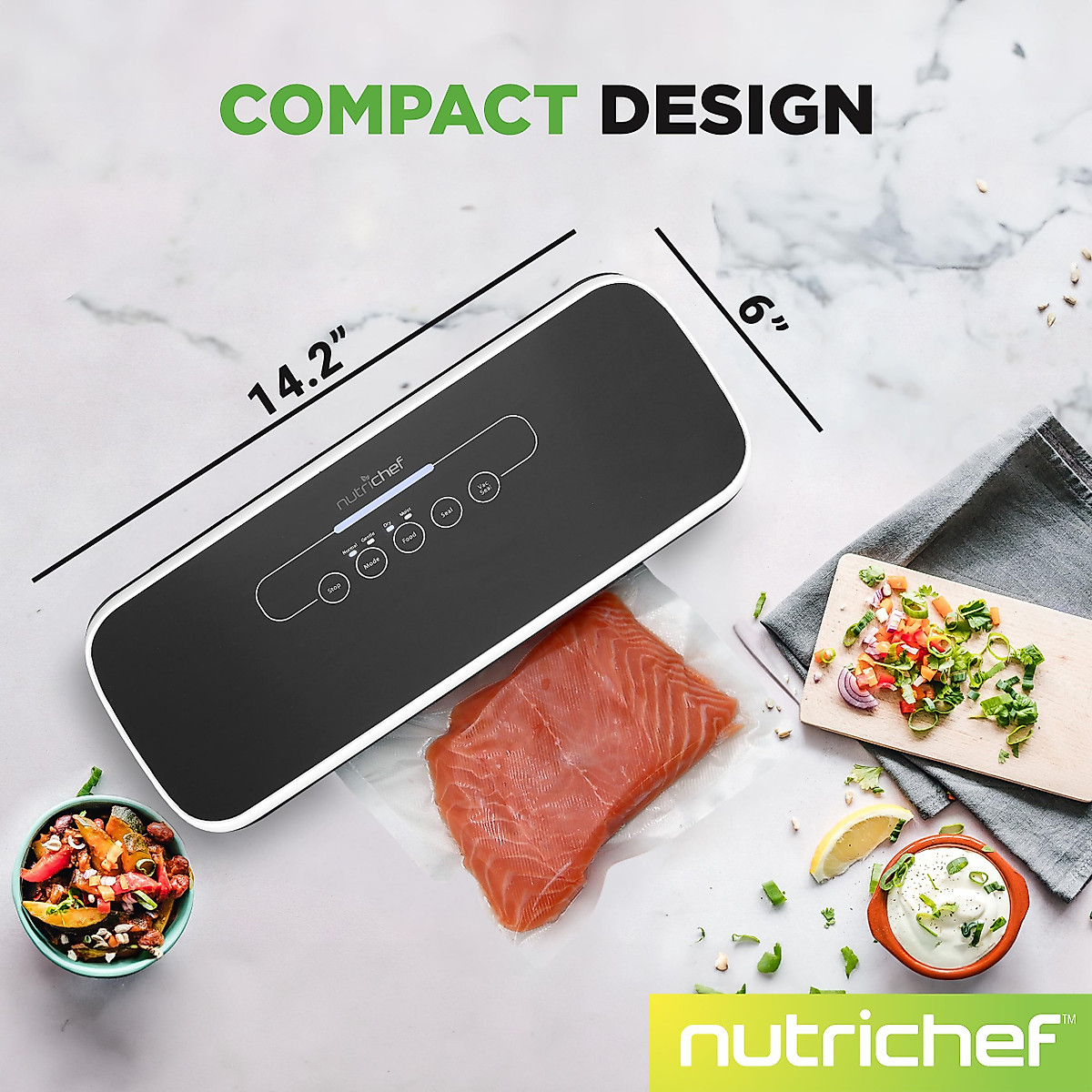 NutriChef Automatic Vacuum Air Sealing System Preservation with Starter Kit Compact Design, Lab Tested, Dry & Moist Food Modes with Led Indicator Lights, 12", Black
