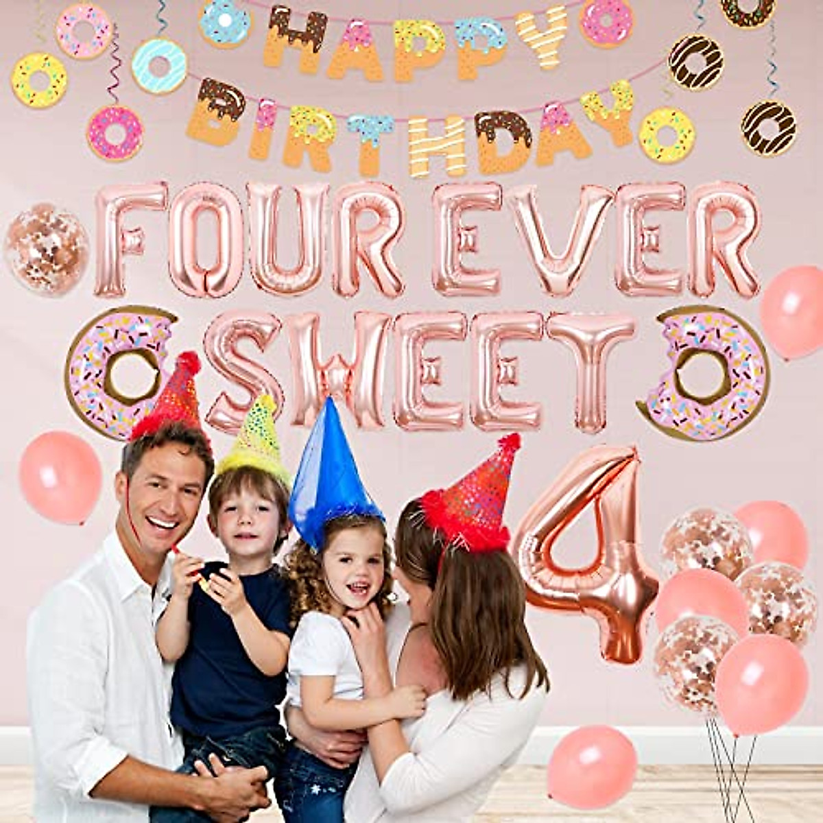 Donuts 4th Birthday Party Decorations, Four Ever Sweet Birthday Decorations for Girls with Donut Happy Birthday Banner, Hanging Swirls, Four Ever Sweet Balloons and Cake Topper