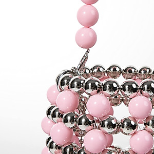 Abvokury YUSHINY Silver Acrylic Beaded Small Colored Bucket Evening Handbag with Detachable Strap Chain (Pink)