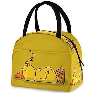 ZzWwR Funny Cartoon Duck Reusable Lunch Tote Bag with Front Pocket Insulated Thermal Cooler Container Bag for Back to School Work Travel Fishing Picnic Beach