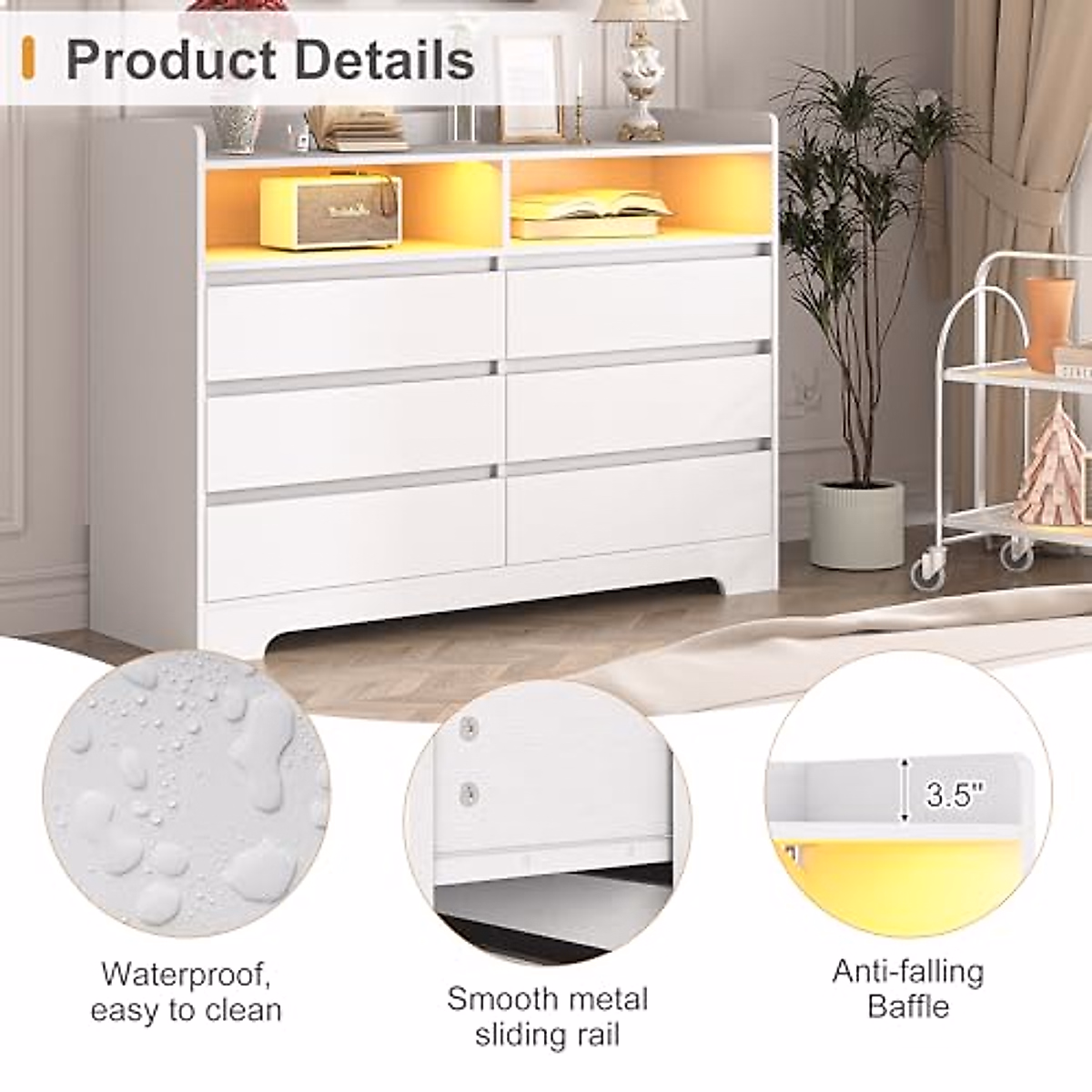 CIPACHO White Dresser for Bedroom,Modern 6 Drawer Dresser with LED Light and Open Shelf,Wide Storage Chest of Drawers,Bedroom Storage Furniture