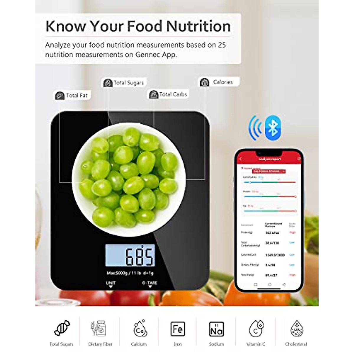 FITINDEX Food Scale for Weight Loss, Kitchen Scale for Food Ounces and Grams, Digital Smart Food Nutrition Scales, Cooking Coffee Scale with Smartphone APP for Baking, Calorie, 11lb/5kg