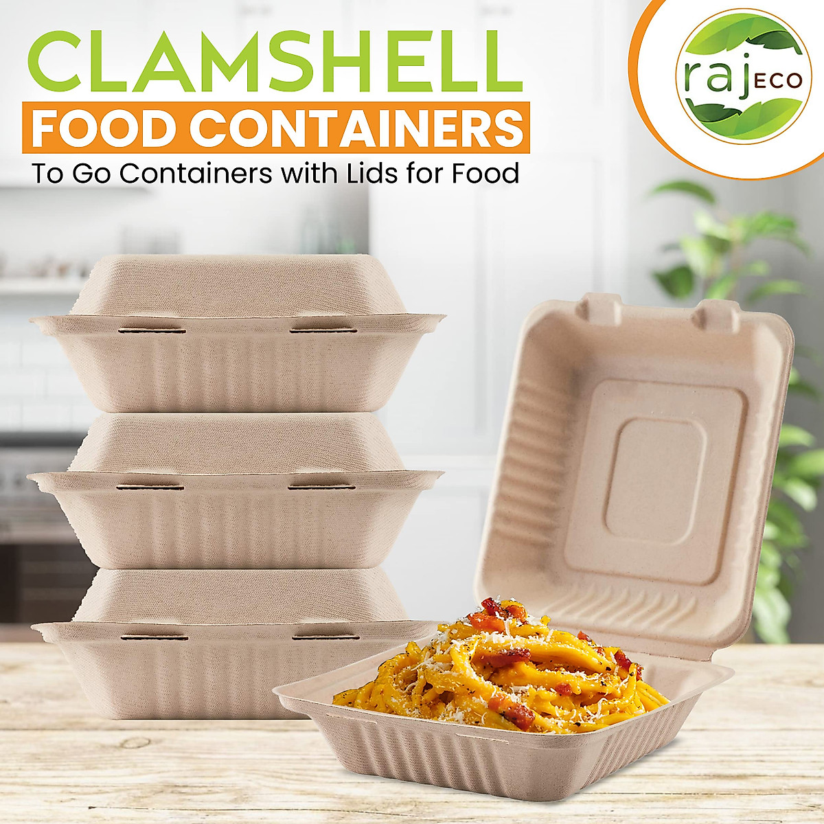 Raj Eco To Go Containers Compostable Clamshell Disposable, [8x8" 50-Pack] Take out Box With Hinged Lids, Meal-Prep, Eco Friendly, Biodegradable, food container made of sugar cane Bagasse BROWN