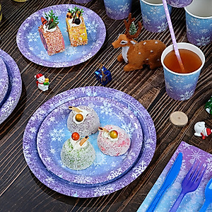 Winter Snowflake Paper Plates and Napkins Set, Blue and Purple Snowflake Winter Wonderland Disposable Tableware for Christmas Winter Holiday New Year Birthday Party Supplies Decorations, Serve 25