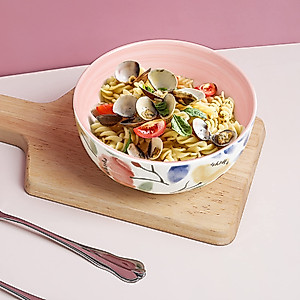 fanquare 24oz Vintage Floral Salad Bowls Set of 4, Pink Porcelain Ramen Bowls, Kitchen Serving Bowls, 6" Cereal Bowls