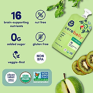 Cerebelly Celery Apple Kiwi Smoothie (Pack of 6) - Healthy Kids Snacks - Baby Food Pouch with 16 Vital Nutrients and Brain Support from Superfoods - Organic Fruit & Veggie Purees, Baby Fruit Squeeze Pouches for Kids, No Added Sugar