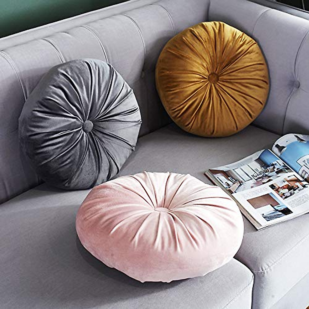 TRRAPLE Round Throw Pillows, Pumpkin Velvet Cushion Pleated Round Pillow Home Decorative for Sofa Bed Living Room Office Chair Couch