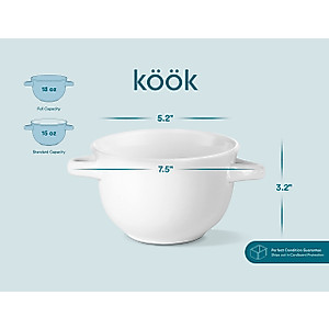 KooK Soup Bowls, French Onion Soup Bowls, Soup Crocks, Oven Safe Bowls, Soup Mugs, Ceramic Bowls with Handles, for Rice, Dessert, Pasta, Dishwasher, Microwave, Set of 4, 18 Oz (White)