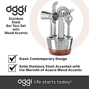 OGGI Modernist Stainless Steel Bar Tool Set w/Wood Accent- Ideal Bar Accessories, Cocktail Set, Bar Set, Bar Cart Décor; Includes Bar Knife, Ice Tongs, Drink Strainer, Double Jigger & Cap/Can Opener