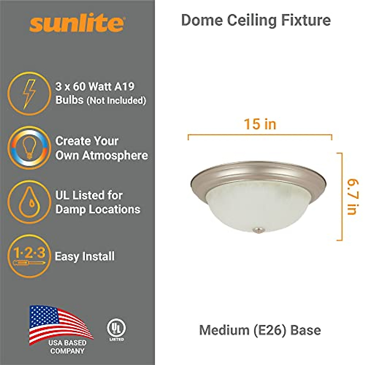 Sunlite 04591 15-Inch Traditional Dome Ceiling Light, Classic Decorative Flush Mount Fixture, Alabaster Glass Shade, 3-60W A19 Bulbs (Not Included), For Bedrooms, Hallways & Bathrooms, Brushed Nickel
