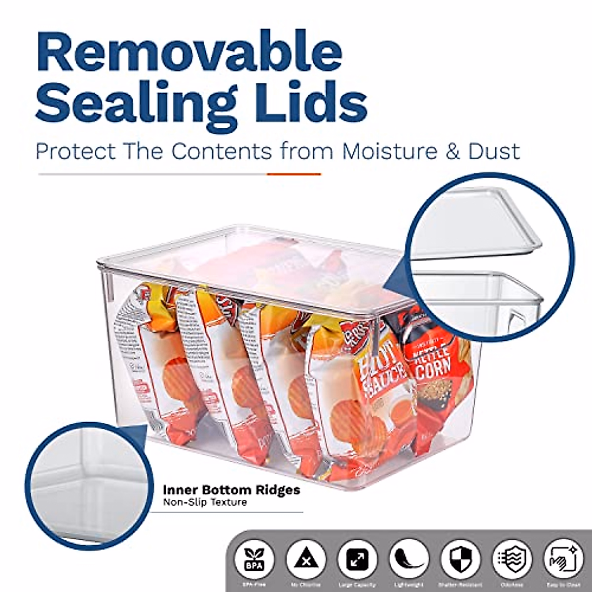 Homeries Pantry Organization And Storage bins With Lids, for Refrigerator, Freezer, Bedroom & Bathroom Shelves - 11.37"x8"x6.25" Large Stackable Clear Plastic Storage Bins for Kitchen Items,