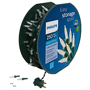PHILIPS 250 LED Warm White Faceted Mini Christmas Lights on Green Wire with Storage Spool - UL Listed for Indoor/Outdoor Use - 64.33' Length with 4" Bulb Spacing - String Lights for Christmas Tree