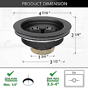 EXAKEY Black Sink Drain 3-1/2 Inch Matte Black Kitchen Sink Drain Strainer Assembly Kit with Strainer Basket and Drain Stopper for Standard Kitchen Sink Stainless Steel