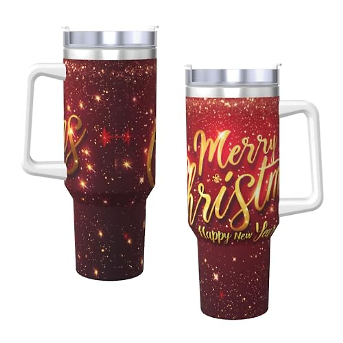 deaokluy 40 OZ Christmas Ice Bully Cup with Handle Straw Lid, Double Wall Stainless Steel Tumbler Travel Coffee Cup, Merry Insulation and Cooling Cup for Christmas Birthday Present