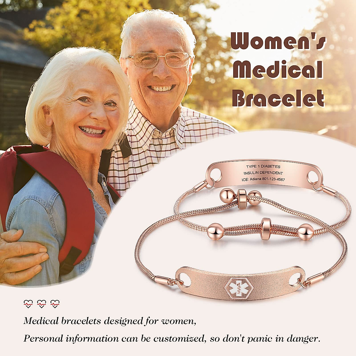 Jewelstruck Medical Alert Bracelets for Women Adjustable Emergency ID Bracelets Free Engraving Personalized Medical Bracelets for Women Custom Medical ID Bracelets for Women (Rose gold)