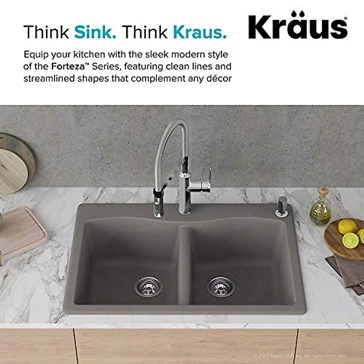 Kraus Forteza 33" Drop-In/Undermount Granite 50/50 Double Bowl Kitchen Sink - Grey (KGD-52GREY) , Gray