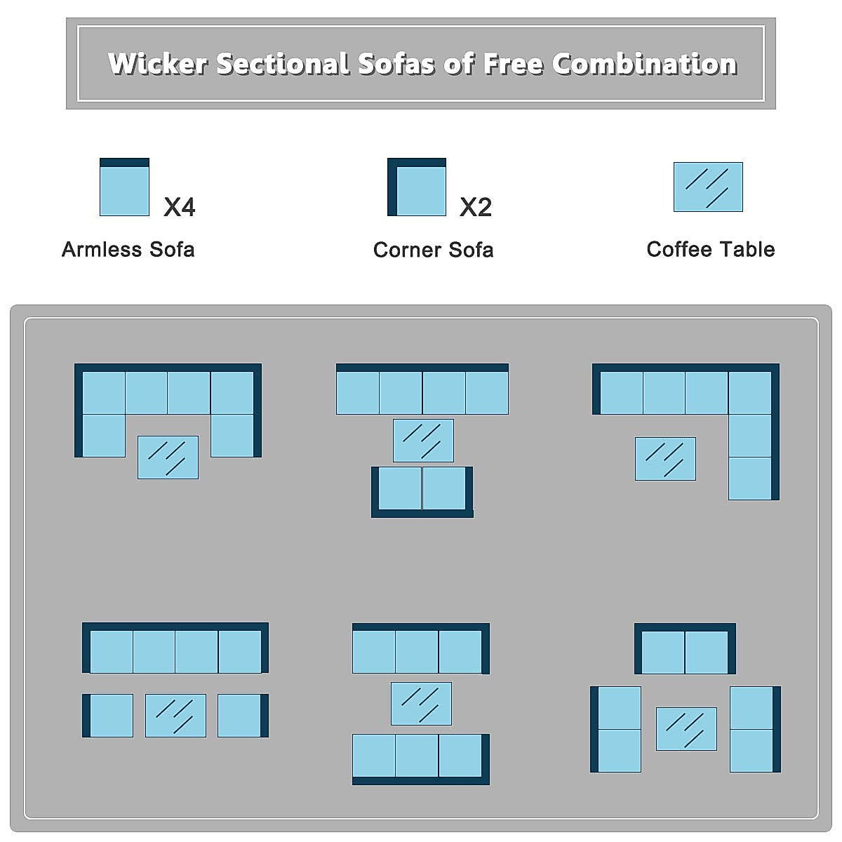 COSTWAY 7 Pieces Patio Furniture Set, Outdoor Rattan Conversation Set with 6 Seats, Coffee Tea Table, Soft Cushions, Wicker Patio Sectional Sofa for Garden Balcony Porch Poolside, Black