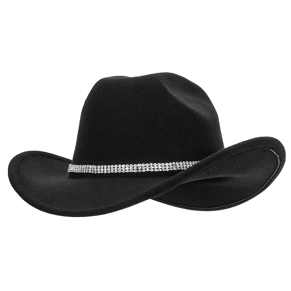 INOGIH Classic Black Western Felt Roll-Up-Brim Cowboy-Hat for Women Men - Bling Cowgirl-Hat Felt Fedora for Disco Parties
