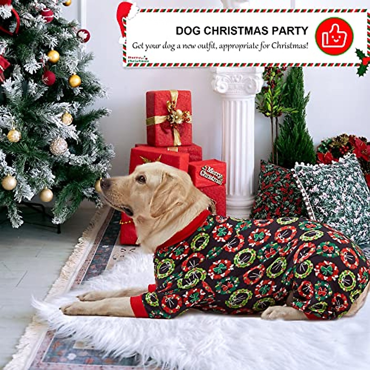 LovinPet Dog Christmas PJS Large Size Dog: Long Sleeve Shirt for Dog, Holiday Dog Costume, Lightweight Pullover Joy Holiday Wreaths Black Prints Large Dog PJ's Pitbull Clothes Christmas Outfit Large