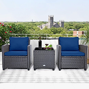 Tangkula 3 Pieces Patio Furniture Set, PE Rattan Wicker 3 Pcs Outdoor Sofa Set w/Washable Cushion and Tempered Glass Tabletop, Conversation Furniture for Garden Poolside Balcony (Beige/Navy)