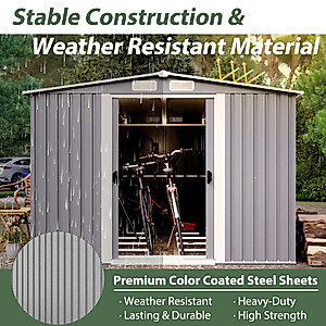 EMKK 10x8 FT Outdoor Storage Shed, Galvanized Steel Metal Garden Shed with Double Sliding Lockable Door, Floor Frame, Vents, Waterproof Tool Shed for Backyard, Lawn, Patio, Teak