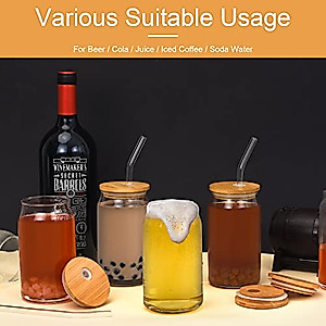 Drinking Glasses with Bamboo Lids and Glass Straw-16oz Can Shaped Glass Cups,Beer Glasses,Iced Coffee Glasses,Ideal for Cocktail,Whiske,Soda,Bubble Tea,Juicing, Smoothies(12pcs Set+2 Cleaning Brushes