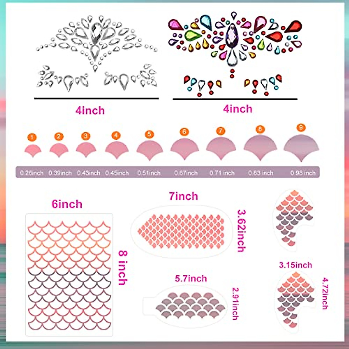 Mermaid Makeup Kit Mermaid Face Paint Scale Stencil and Gems Stickers with12 Bottles Holographic Glitter Mermaid Costume Tattoo Accessories for Women Festival Rave Carnival Party (7pcs Mermaid scale)