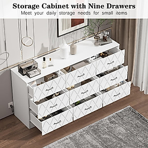 GarveeHome 9 Drawer White Dresser for Bedroom with Power Outlet, 63'' Wooden Large Dresser with Wide Drawer, Modern Chest of Drawers for Closet, Storage Organizer Long Dresser for Hallway, Living Room