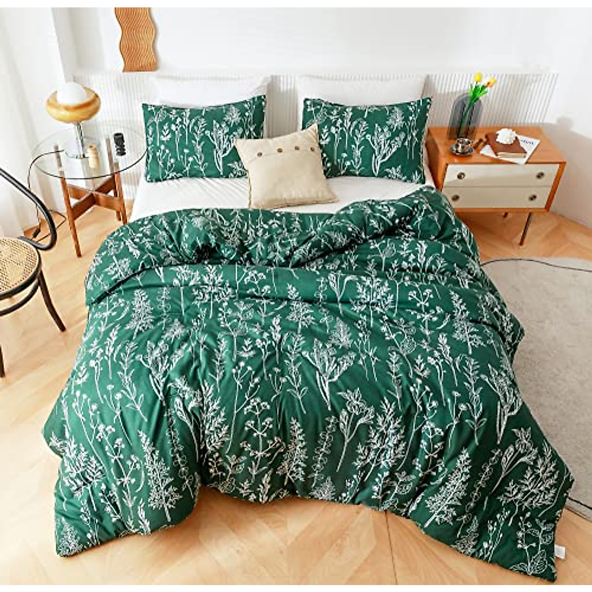 JANZAA Duvet Cover Queen Size,3 Pieces Floral Emerald, Botanical Green Duvet Cover,Microfiber Soft Bedding Set with Zipper Closure 4 Ties (2 Pillow Cases)