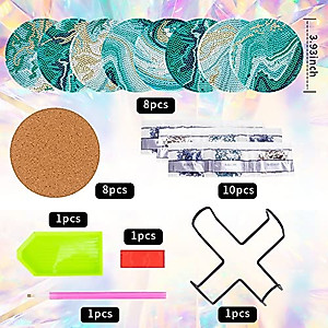8 Pcs Diamond Painting Coasters with Holder, DIY Teal Marble Ocean Diamond Art Coasters for Drinks Diamond Painting Kits for Beginners, Diamond Art Kits Craft Supplies for Adults Kids, Coasters Gift