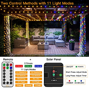 Ollny Solar String Lights Outdoor 2Pack Each 180LED 60FT 11Modes IP67 Waterproof, Warm White & Multicolor Solar Fairy Lights with Timer Memory for Patio Christmas Decorations