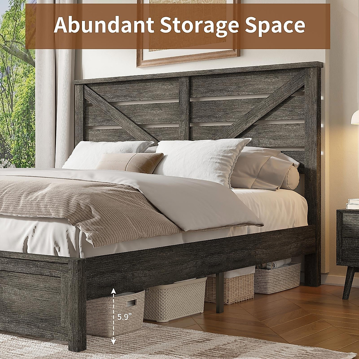 LUXOAK King Size Farmhouse Wooden Bed Frame, Platform Bed Frame with 49.2" Headboard/No Box Spring Needed/Noisy Free/Easy Assembly/Grey