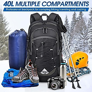 Lightweight Hiking Backpack 40L Packable Daypack for Men Women Waterproof Camping Bag Foldable Outdoor Sport Travel Climbing Trekking Camping, Black