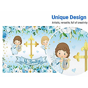 Funnytree 118" x 95" Mi Bautizo Backdrop God Bless First Holy Communion Baptism Christening Boy Party Supplies Baby Shower Angel Flower Background Banner Decor Favors Photobooth Props Gifts Fabric
